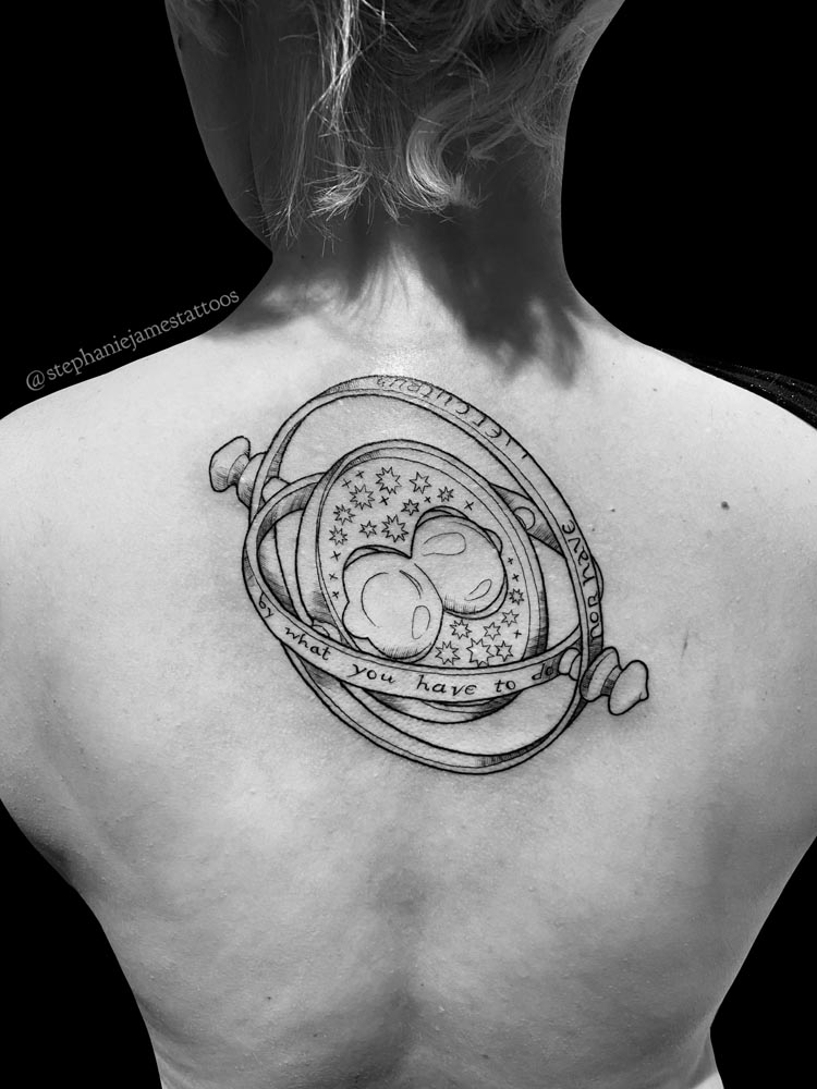 Blackwork, Linework, Lettering and Script tattoo by Stephanie James
