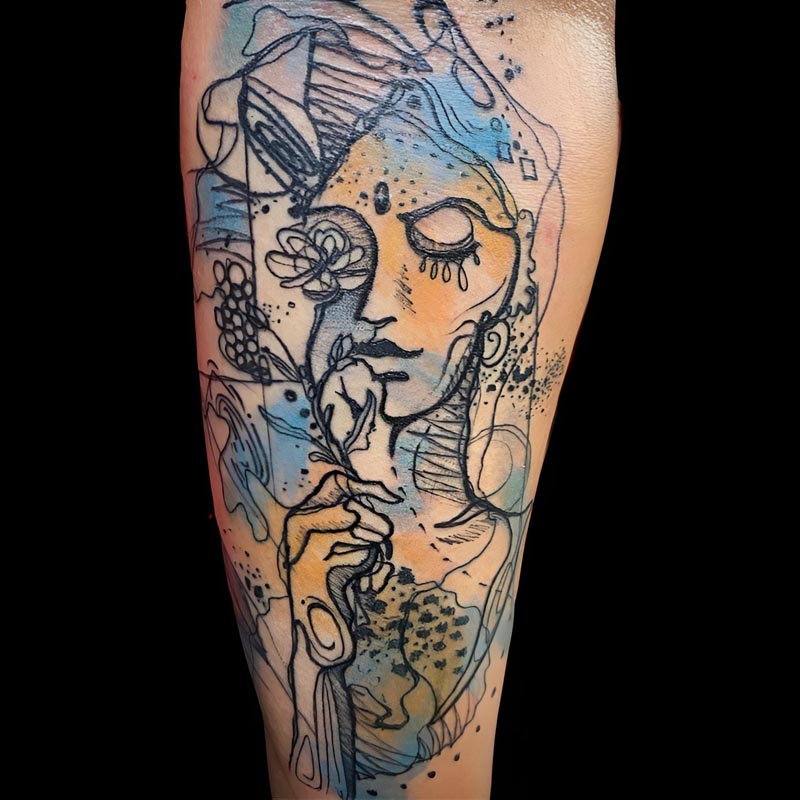 Linework,Sketchy,Abstract,Watercolor tattoo by Charlie Fernandez